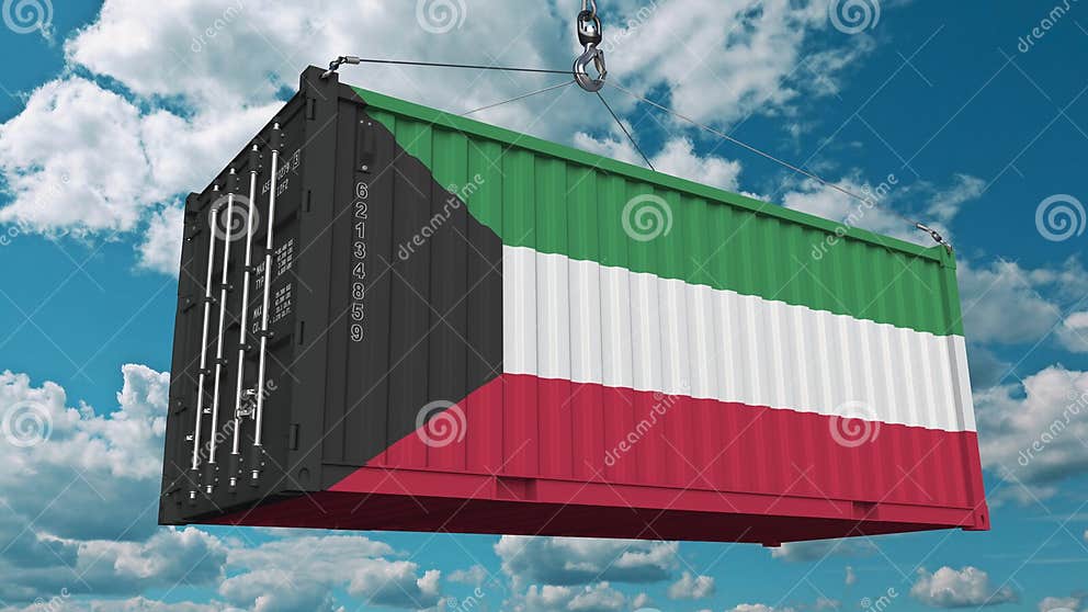 Loading Cargo Container with Flag of Kuwait. Kuwaiti Import or Export ...