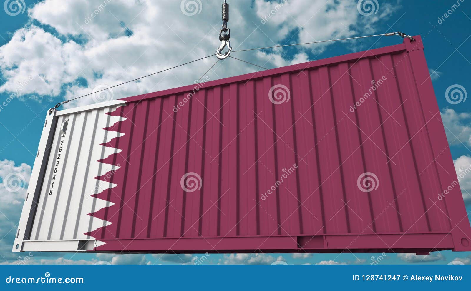 Loading Cargo Container with Flag of Qatar. Qatari Import or Export Related Conceptual 3D ...