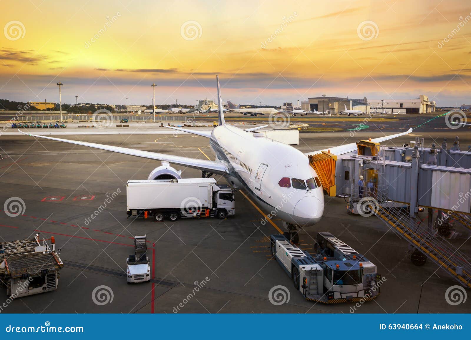 Air Plane In Airport Terminal Loading Passengers And Cargo Luggage ...