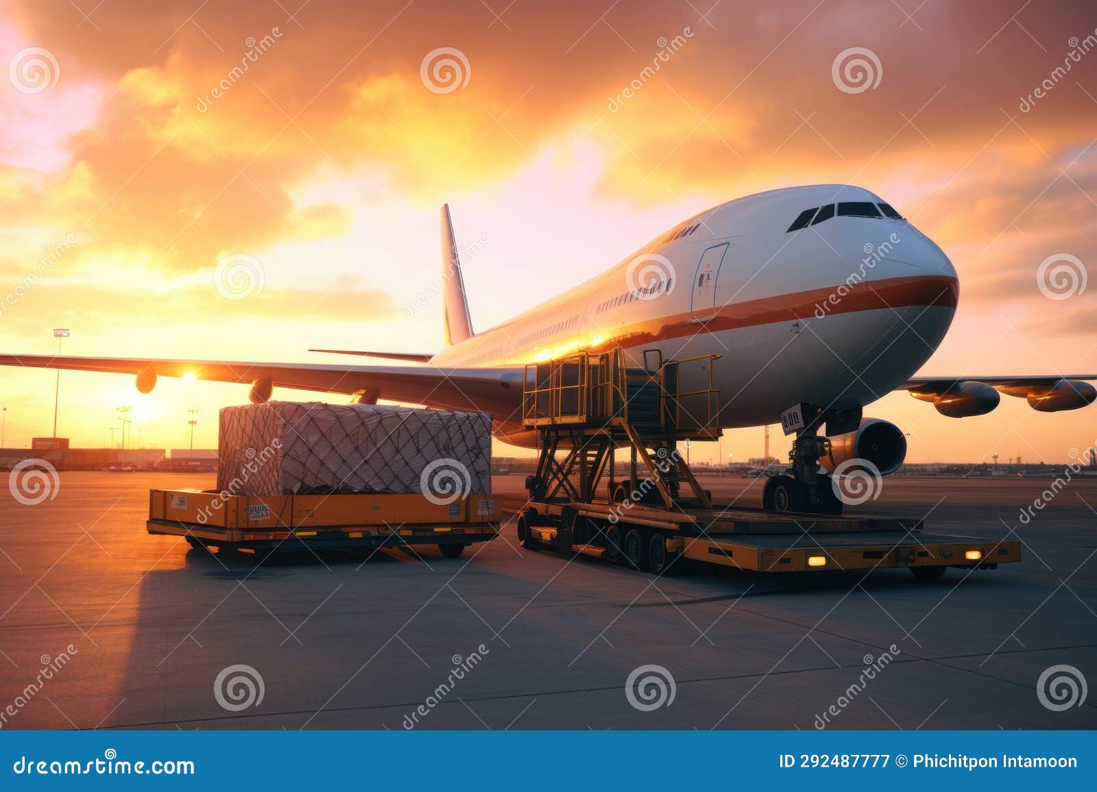 Loading Cargo Plane Outside Air Freight Logistic. Shipping Boxes Ready ...