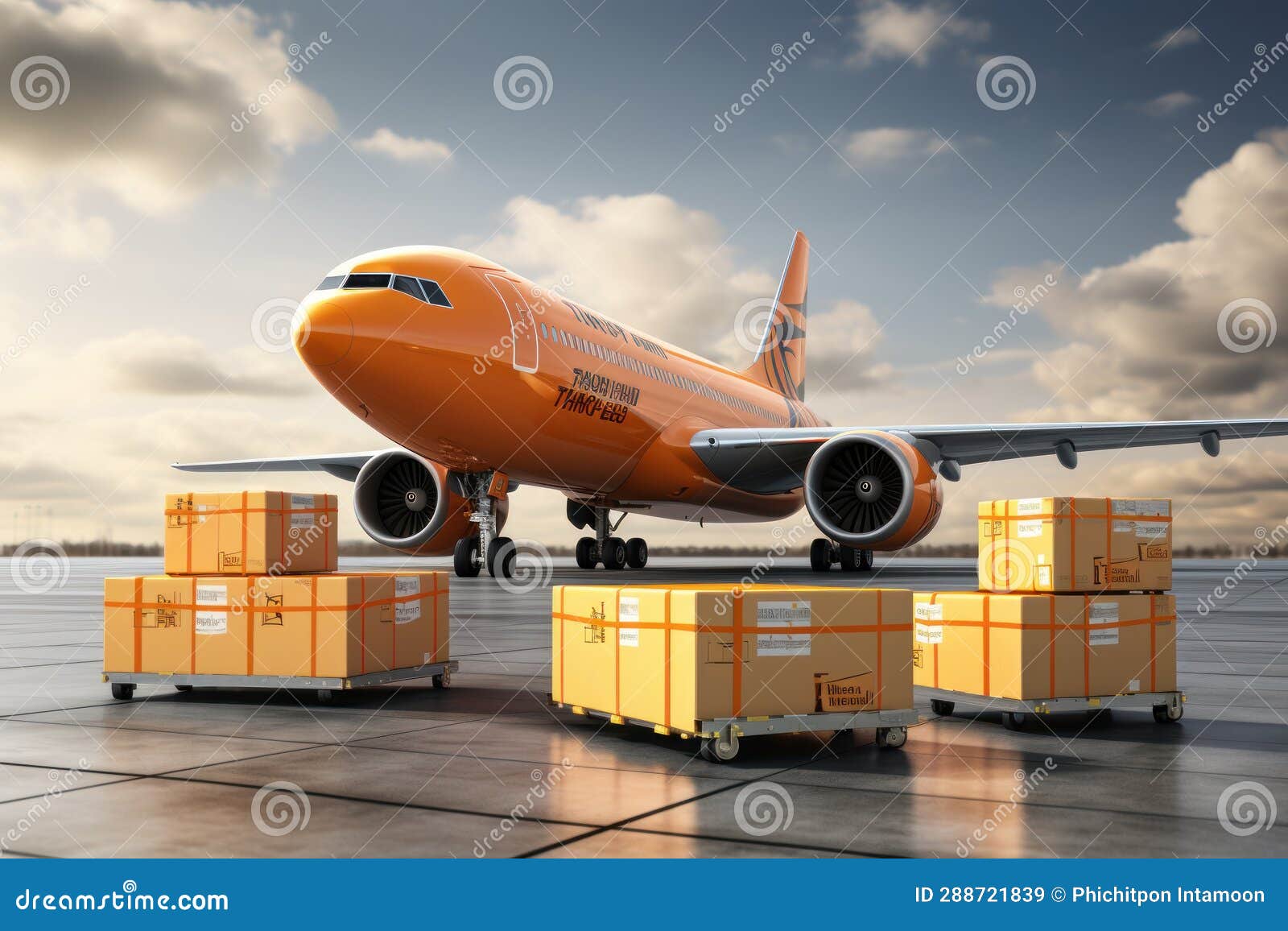 Loading Cargo Plane Outside Air Freight Logistic. Shipping Boxes Ready ...