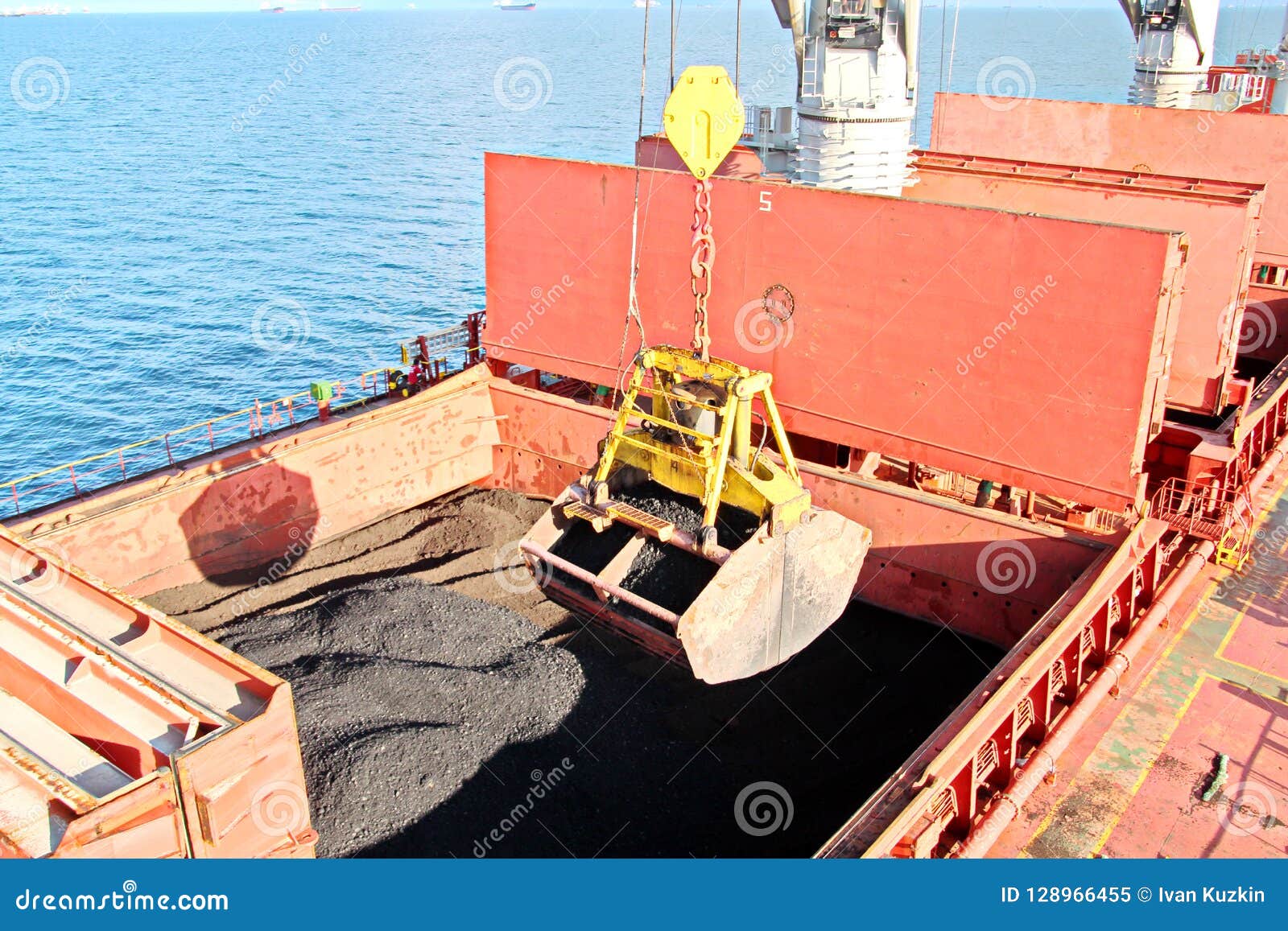 Loading Coal From Cargo Barges Onto A Bulk Vessel Using Ship Cranes ...