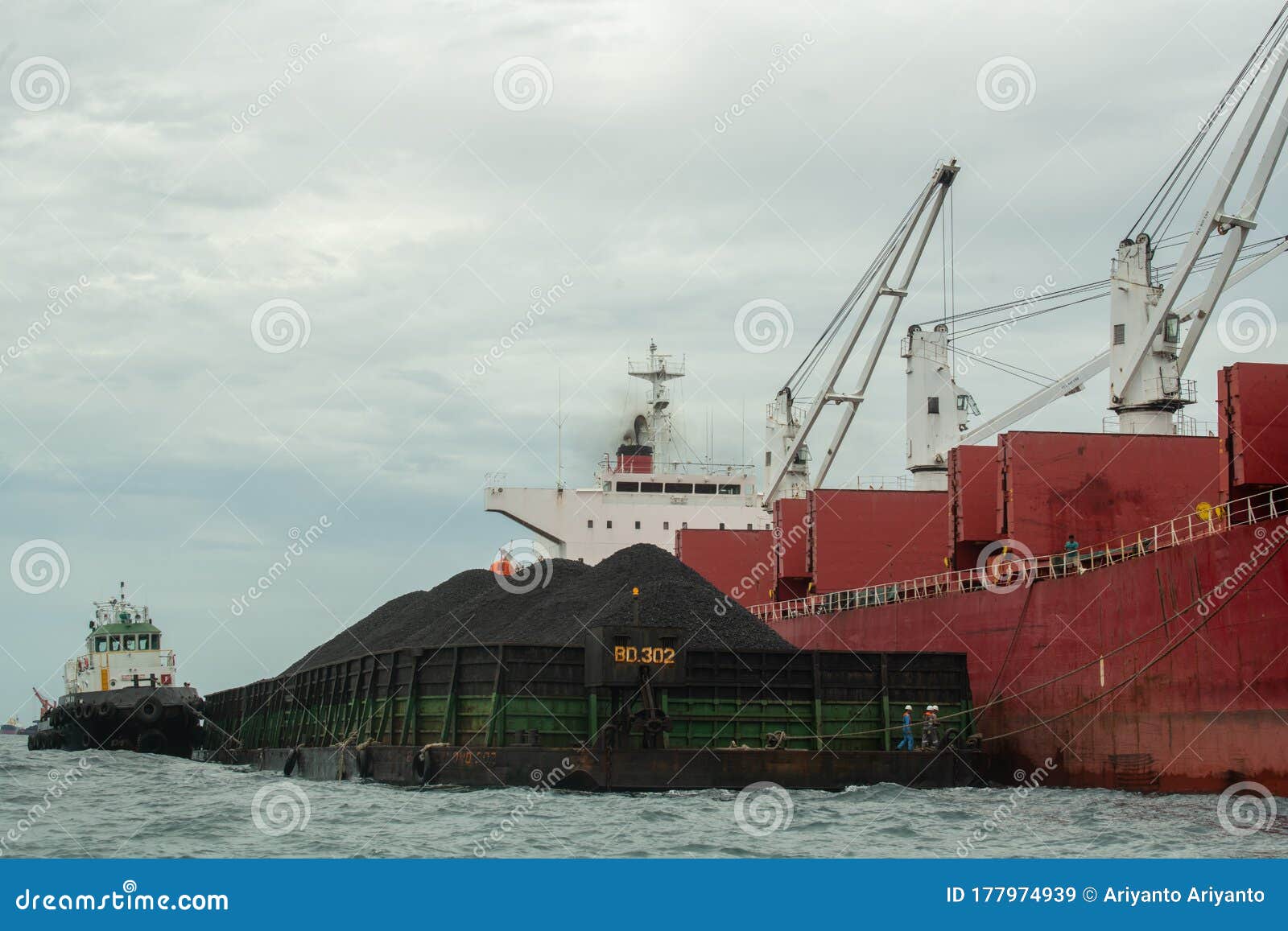 Loading Coal from Cargo Barges Onto a Bulk Vessel Using Ship Cranes ...