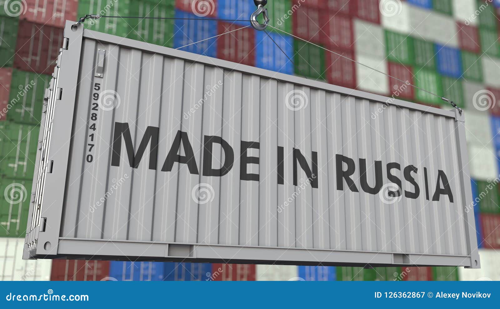 Loading Container with MADE in RUSSIA Caption. Russian Import or Export ...