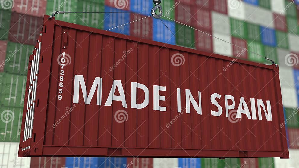 Loading Container with MADE in SPAIN Caption. Spanish Import or Export ...