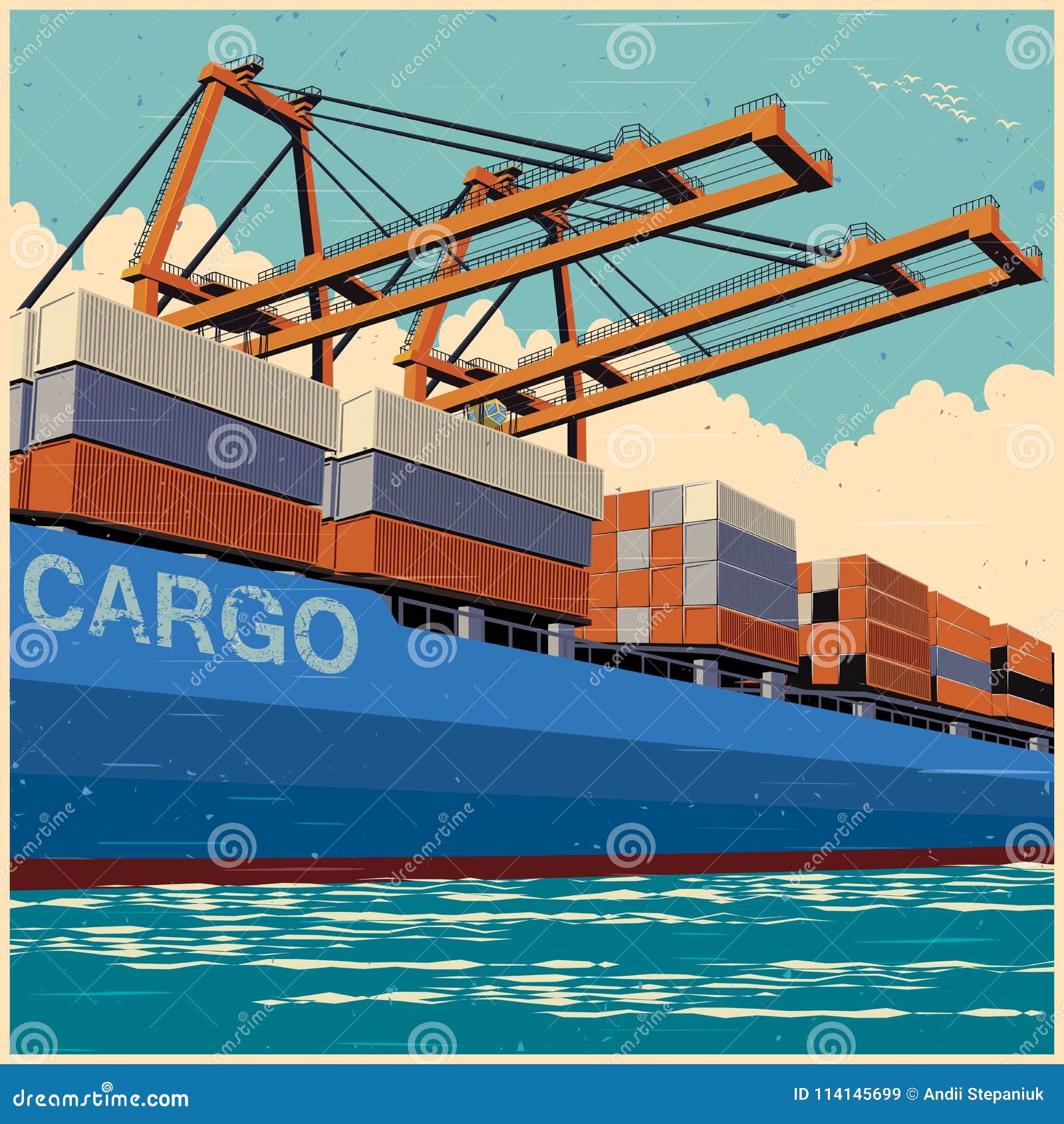 Loading Containers by Port Cranes in Retro Poster Style Stock Vector ...