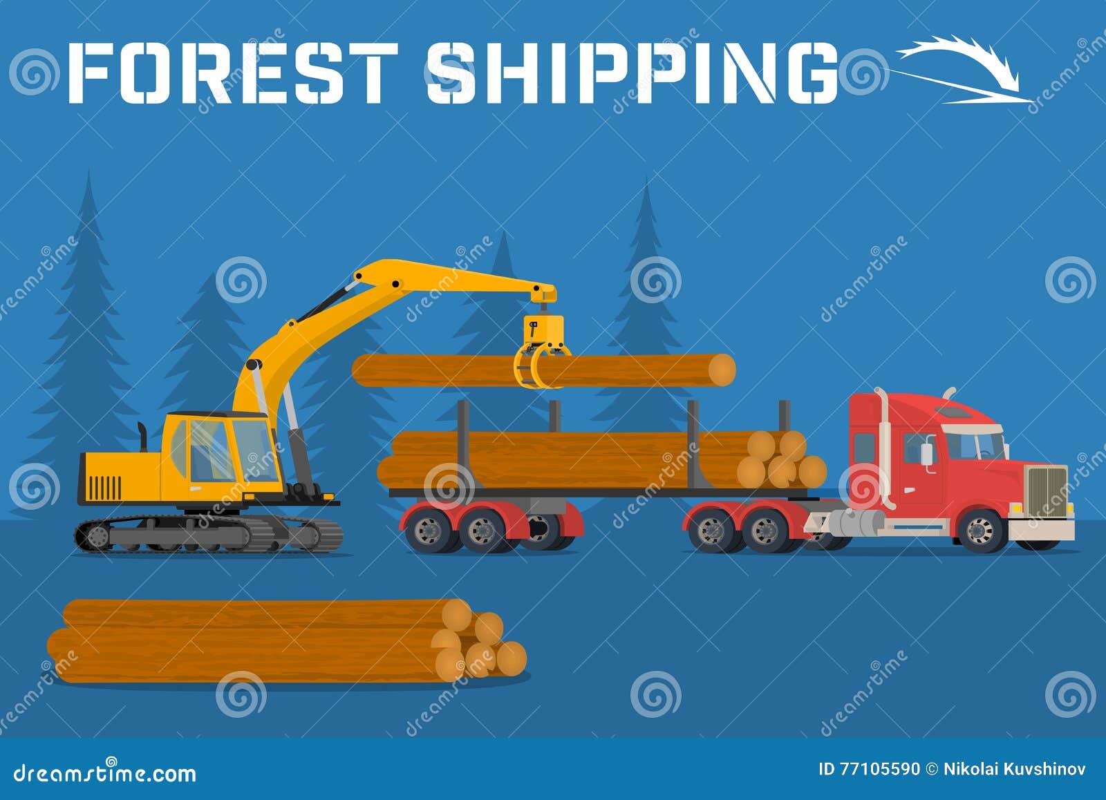 Shipping Timber. Loading Felled Trees In The Timber Crane Cartoon ...