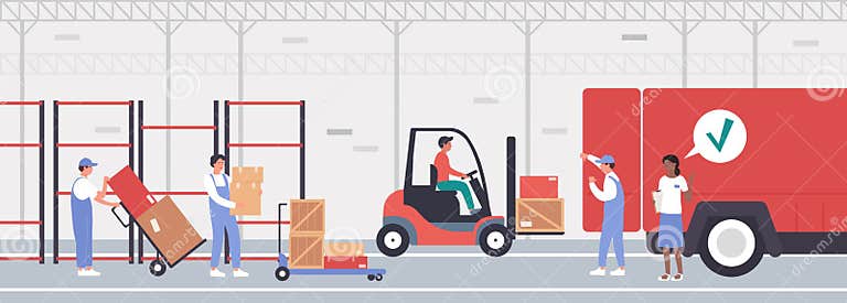 Loading Goods in Warehouse Vector Illustration, Cartoon Flat Worker ...