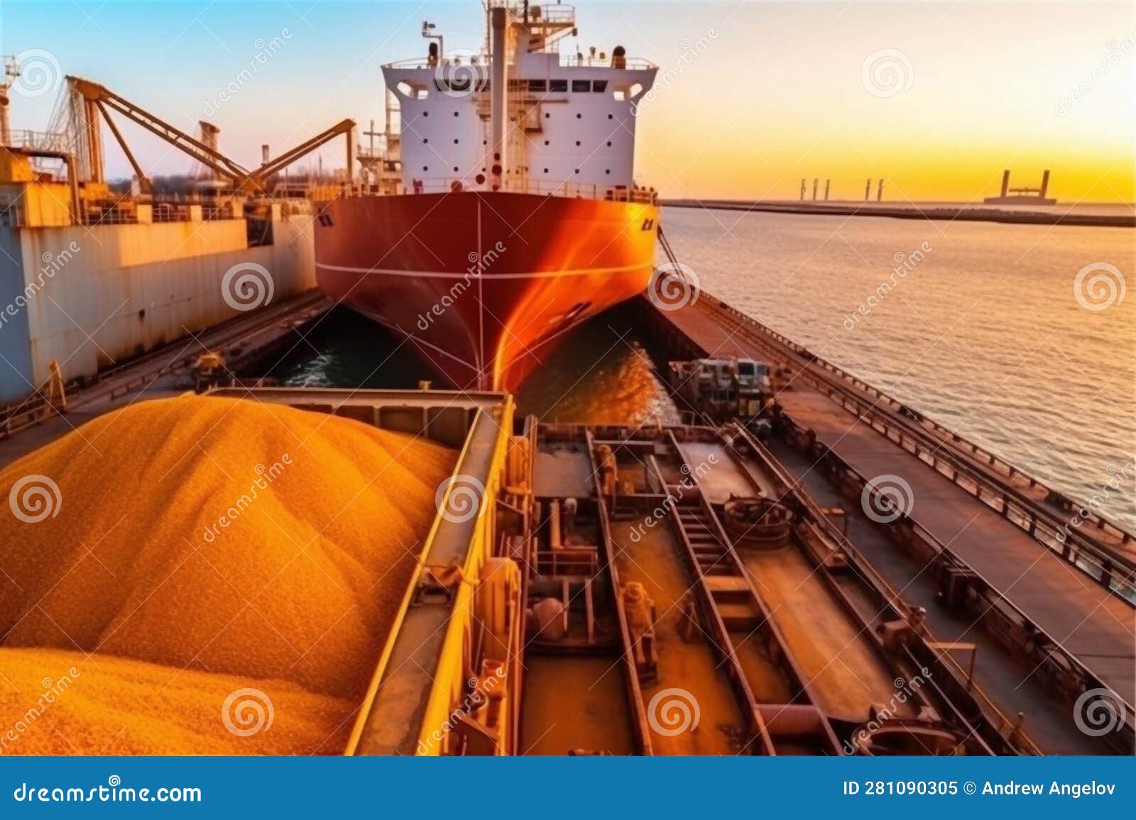 Loading Grain Into Holds Of Sea Cargo Vessel In Seaport From Silos Of ...