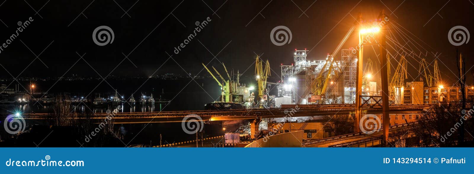Loading Grain in the Port. Night Panoramic View Stock Photo - Image of ...