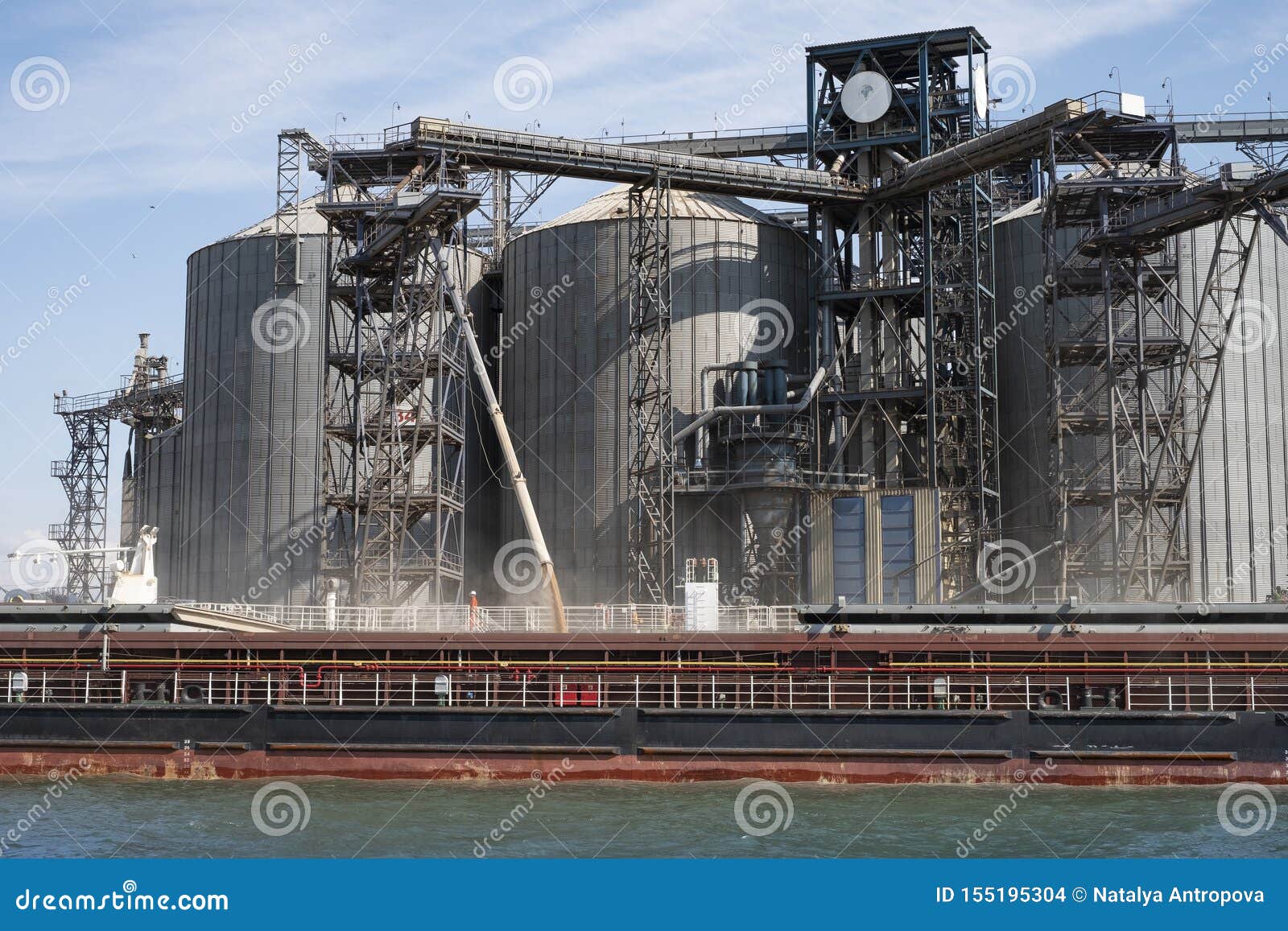 Loading Grain on a Ship in the Port. View from the River To the Port ...