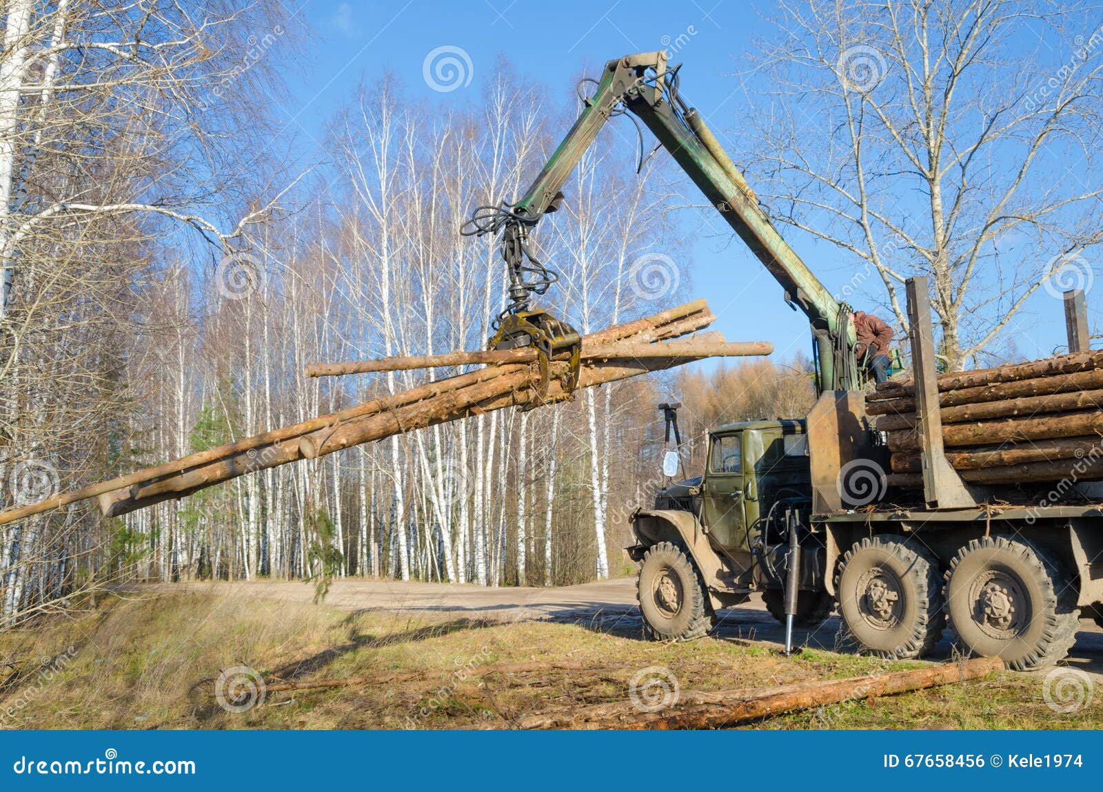 Loading logs onto a stack. stock photo. Image of blue - 67658456