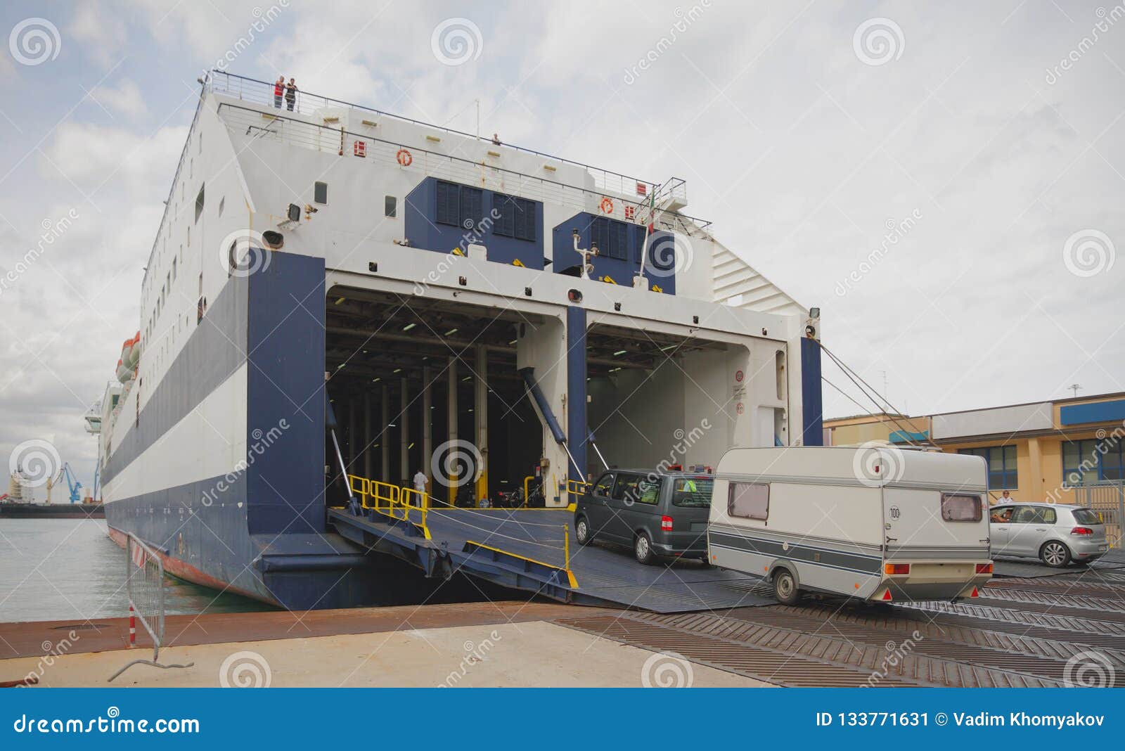 Loading of Minibus with Trailer on Ferry. Ancona, Italy Editorial Photo ...