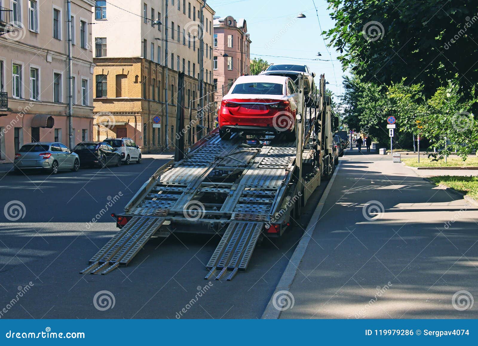 Loading of New Cars Onto a Road Train Stock Photo - Image of outdoor ...