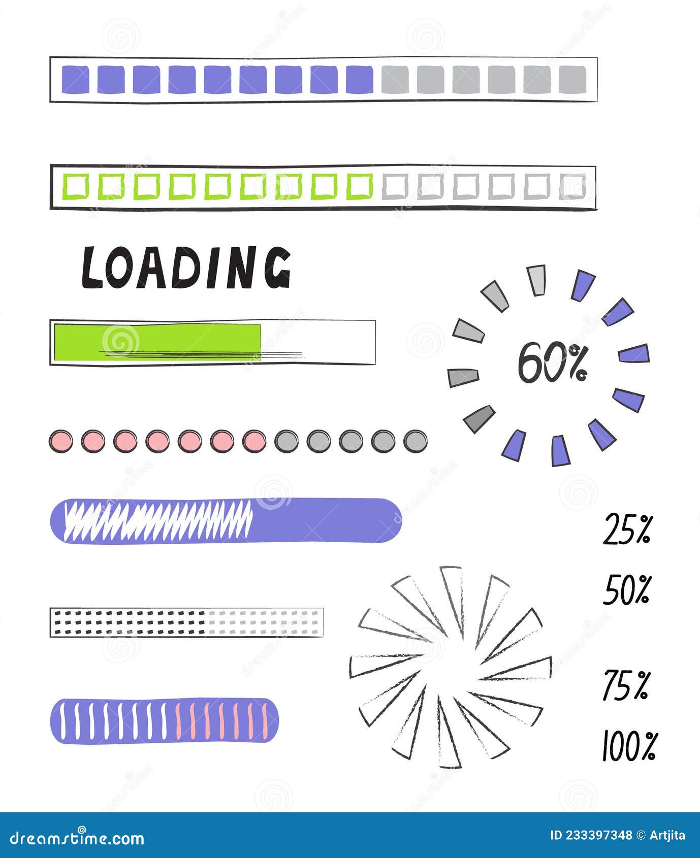 Loading Progress Bar Vector Style in Doodle Style. Updated Progress Circle Bar Icons. Loader ...