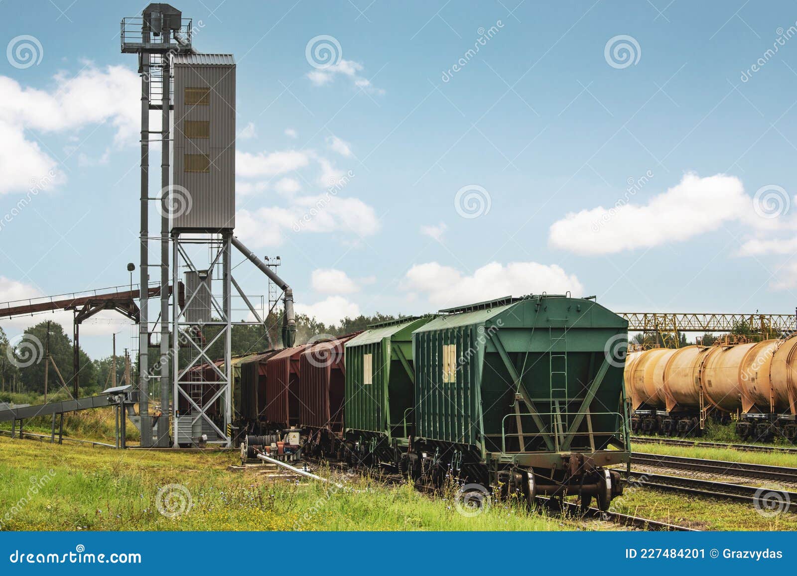 Loading Railway Wagon Standing Near the Elevator in Agriculture Zone ...