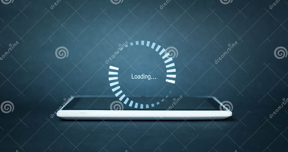 Loading sign with tablet. stock image. Image of blue - 113299891