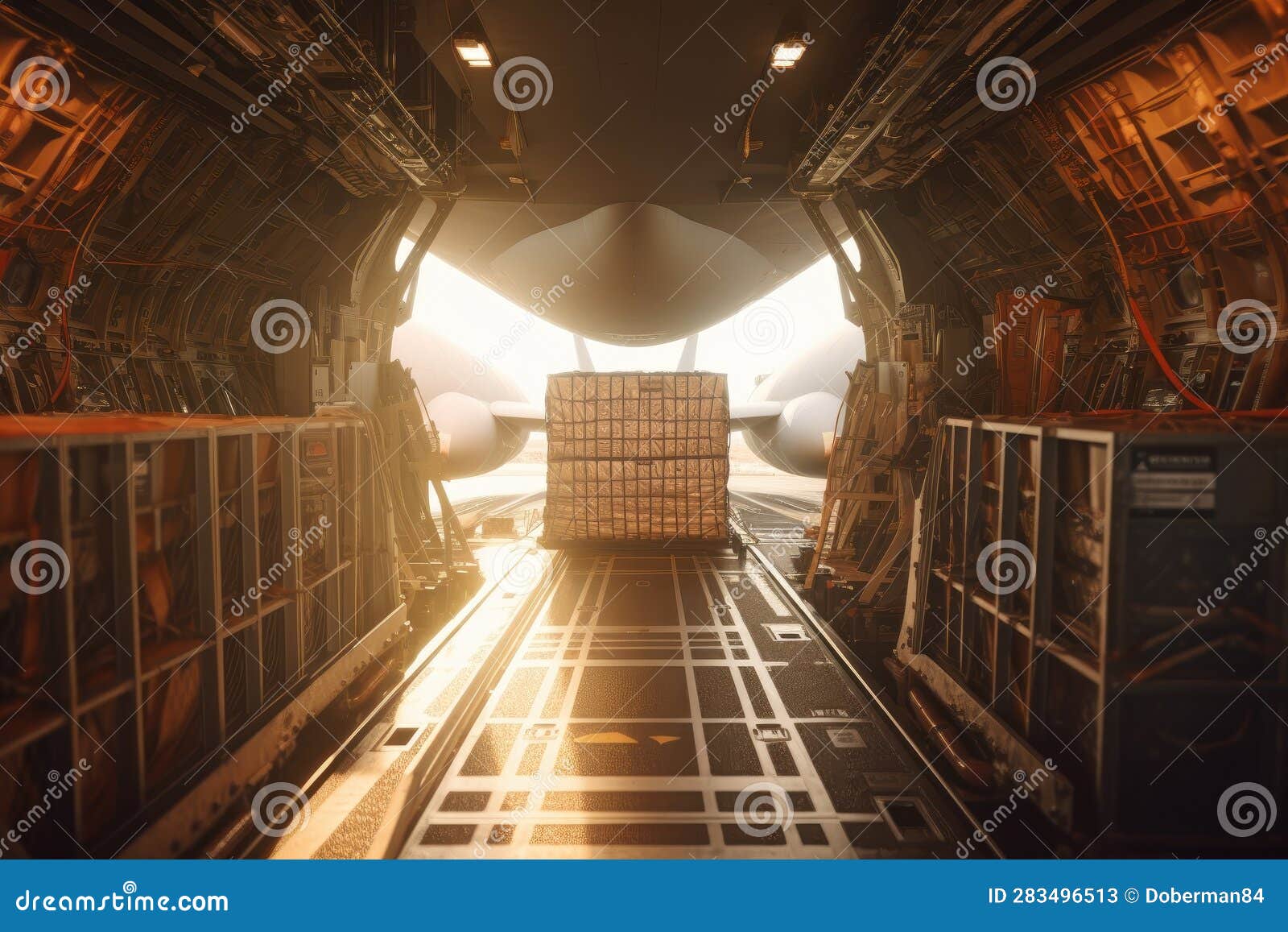 Loading Transport Aircraft in the Hangar of Cargo Terminal. Inside View ...