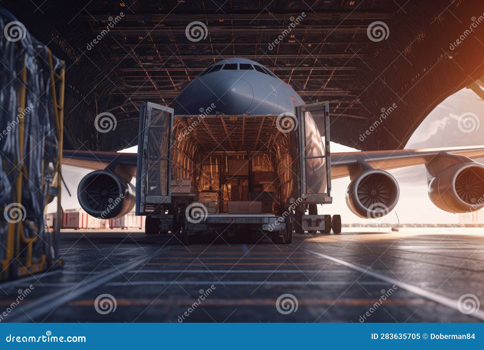 Loading Transport Aircraft in the Hangar of Cargo Terminal. Inside View ...