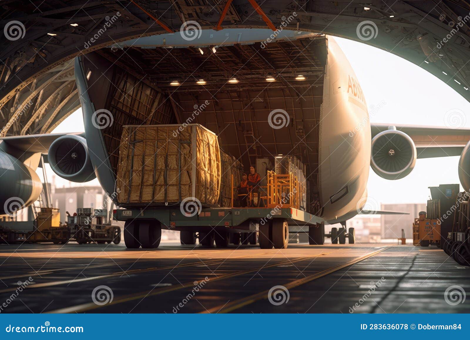 Loading Transport Aircraft in the Hangar of Cargo Terminal. Large Bales ...