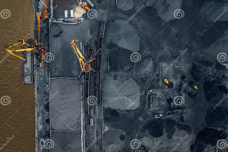 Loading and Unloading Coal on Ship Terminal Sea Cargo Port, Industrial ...