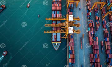 Loading and Unloading Container Ships at a Port, Aerial View Stock ...