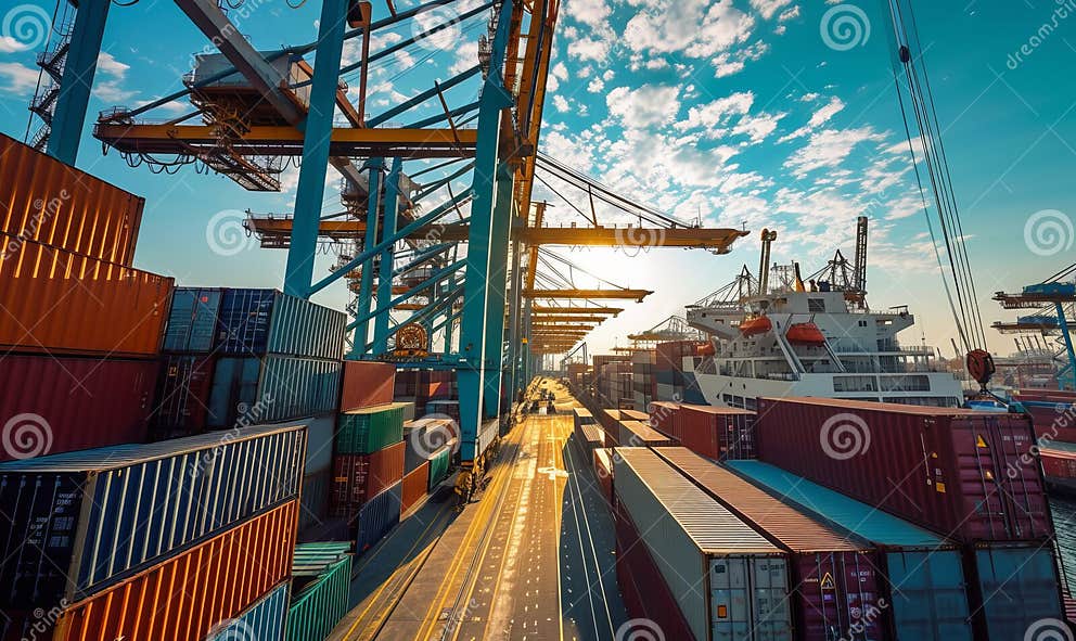 Loading and Unloading Container Ships at a Port Stock Photo - Image of ...