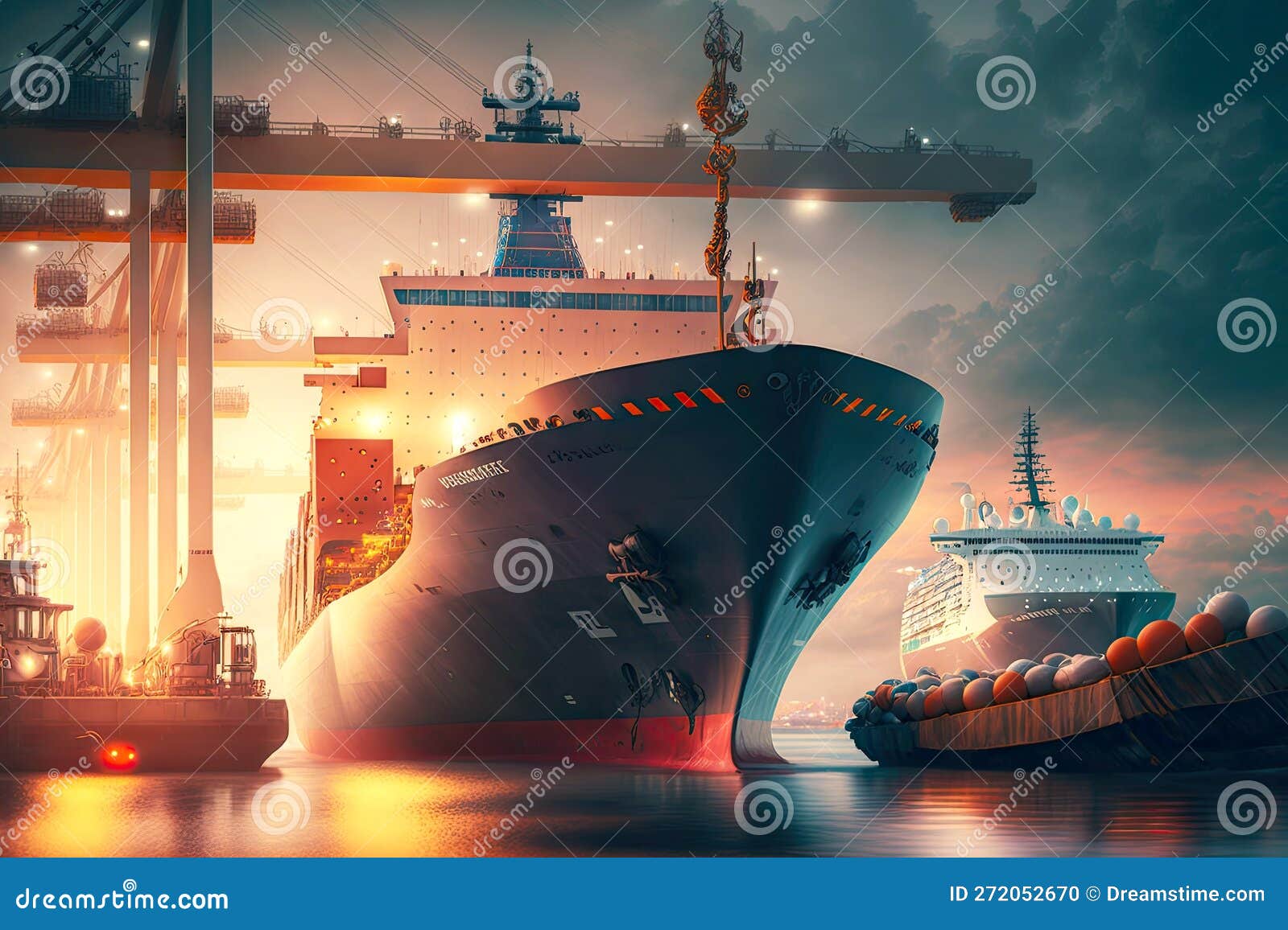 Loading and Unloading of Ships in Seaport in Evening, Global Business ...