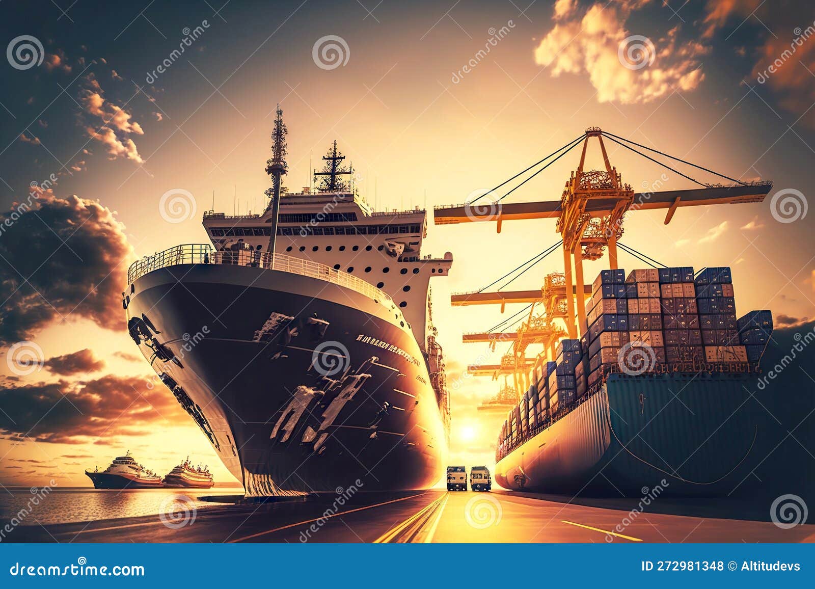 Loading and Unloading of Ships in Seaport in Evening, Global Business ...