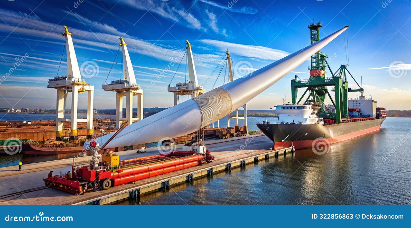 Loading Wind Generator Blades Using a Crane Onto a Cargo Ship at a ...
