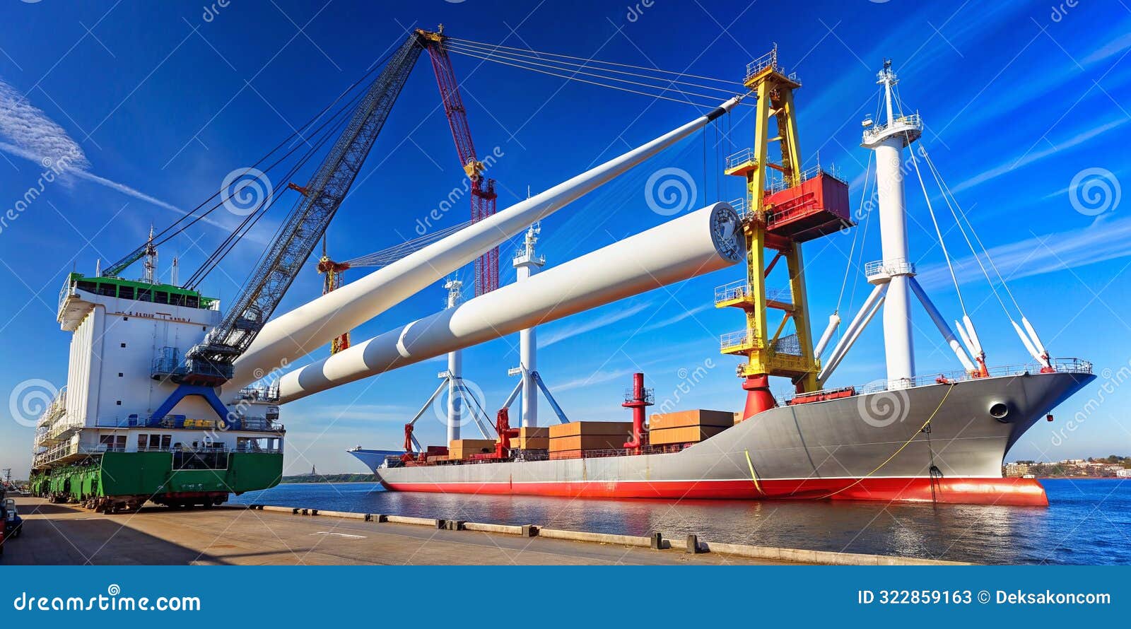 Loading Wind Generator Blades Using a Crane Onto a Cargo Ship at a ...