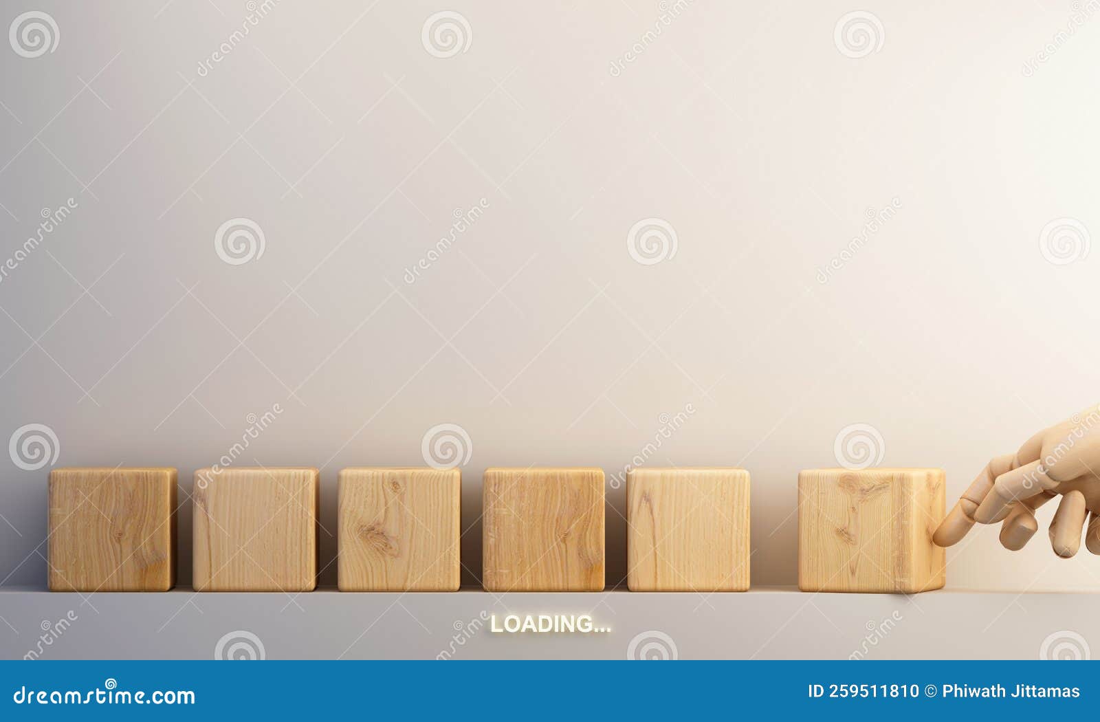 Loading. Wooden Cartoon Hand Putting Wood Cube in Progress Bar Stock ...