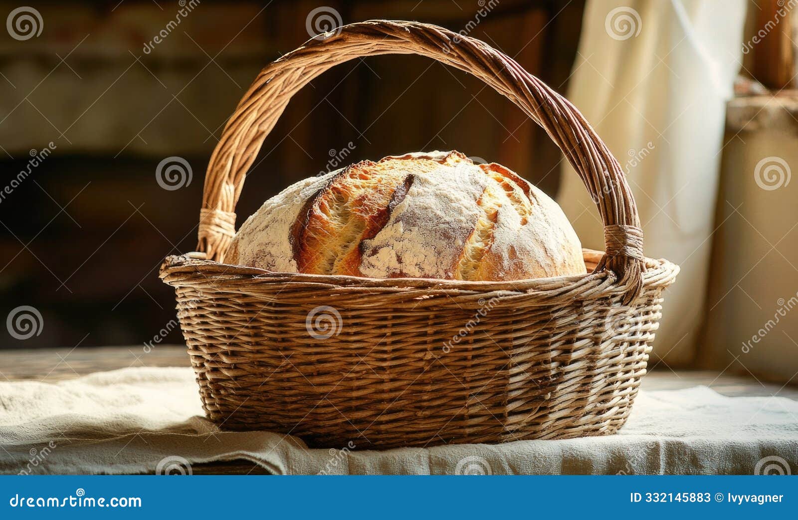 Loaf of Bread in a Wicker Basket, Farmhouse Kitchen Stock Image - Image ...