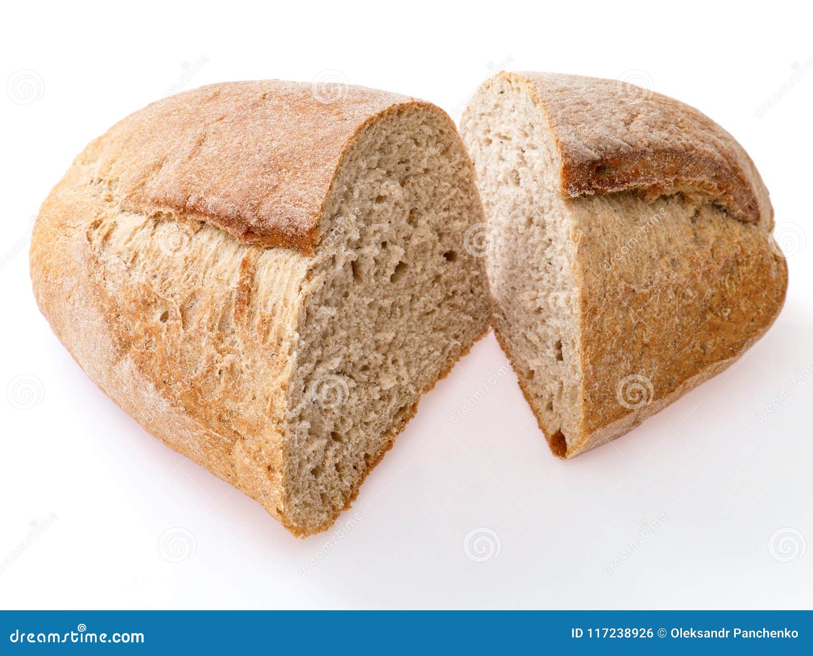 Loaf of Rye Bread Cut in Two Pieces. Close Up, on White Stock Photo ...