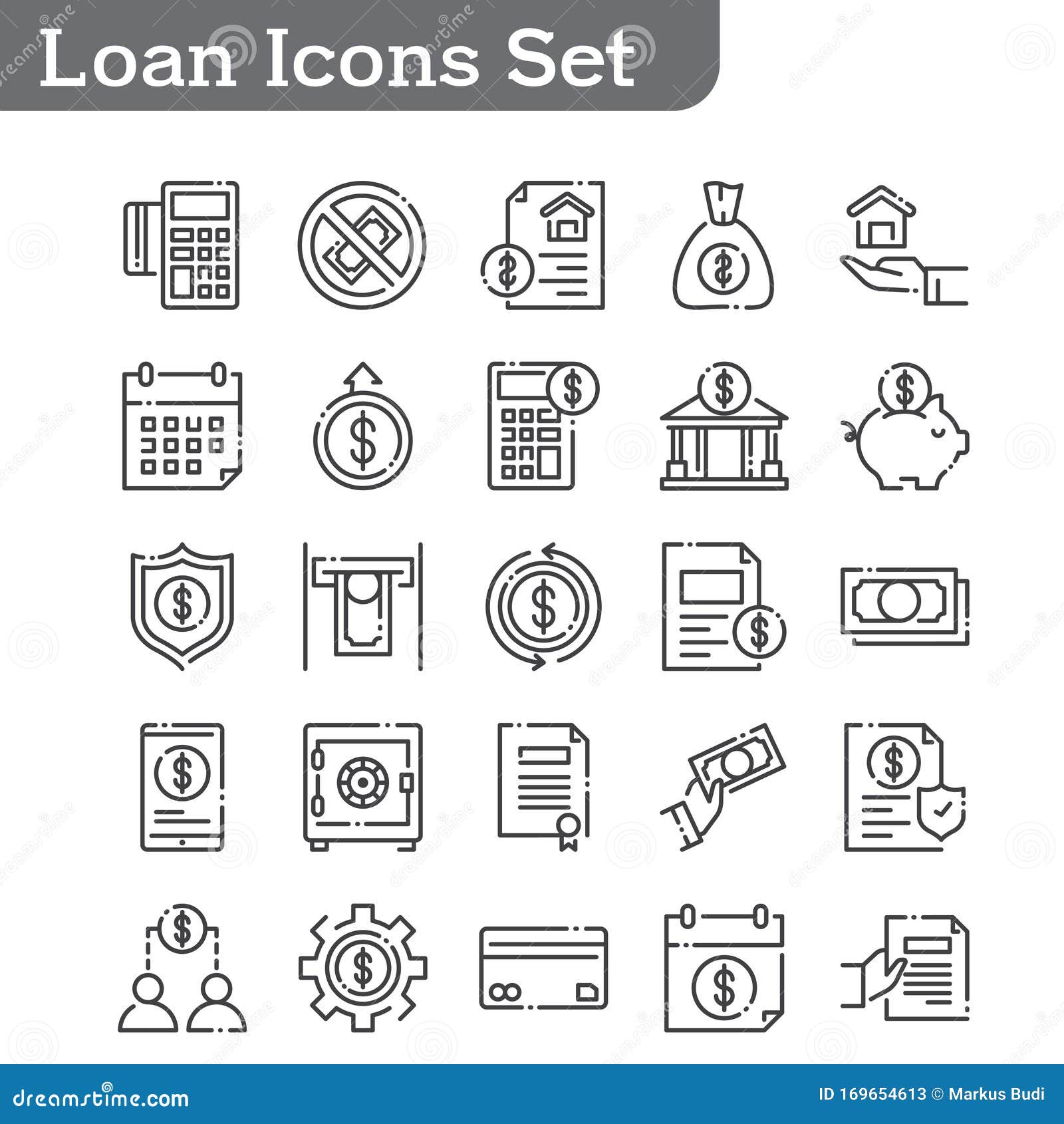 Loan Line Icons. Money Rate Payment Discount, Real Estate Car And ...