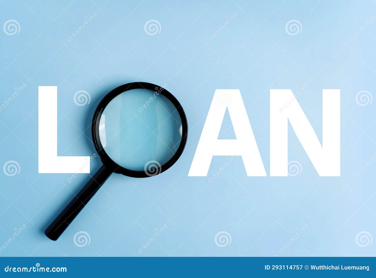 Loan Word Created with Magnifying Glass on Blue Background Stock Image ...