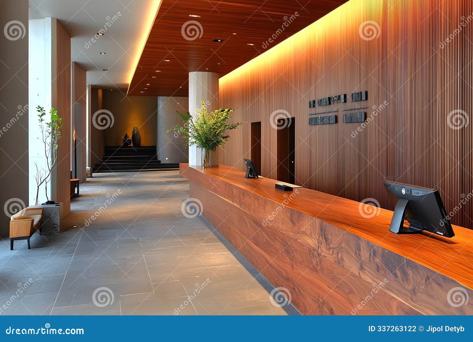 Lobby Interior with a Long Wooden Reception Desk. Generative AI Stock ...