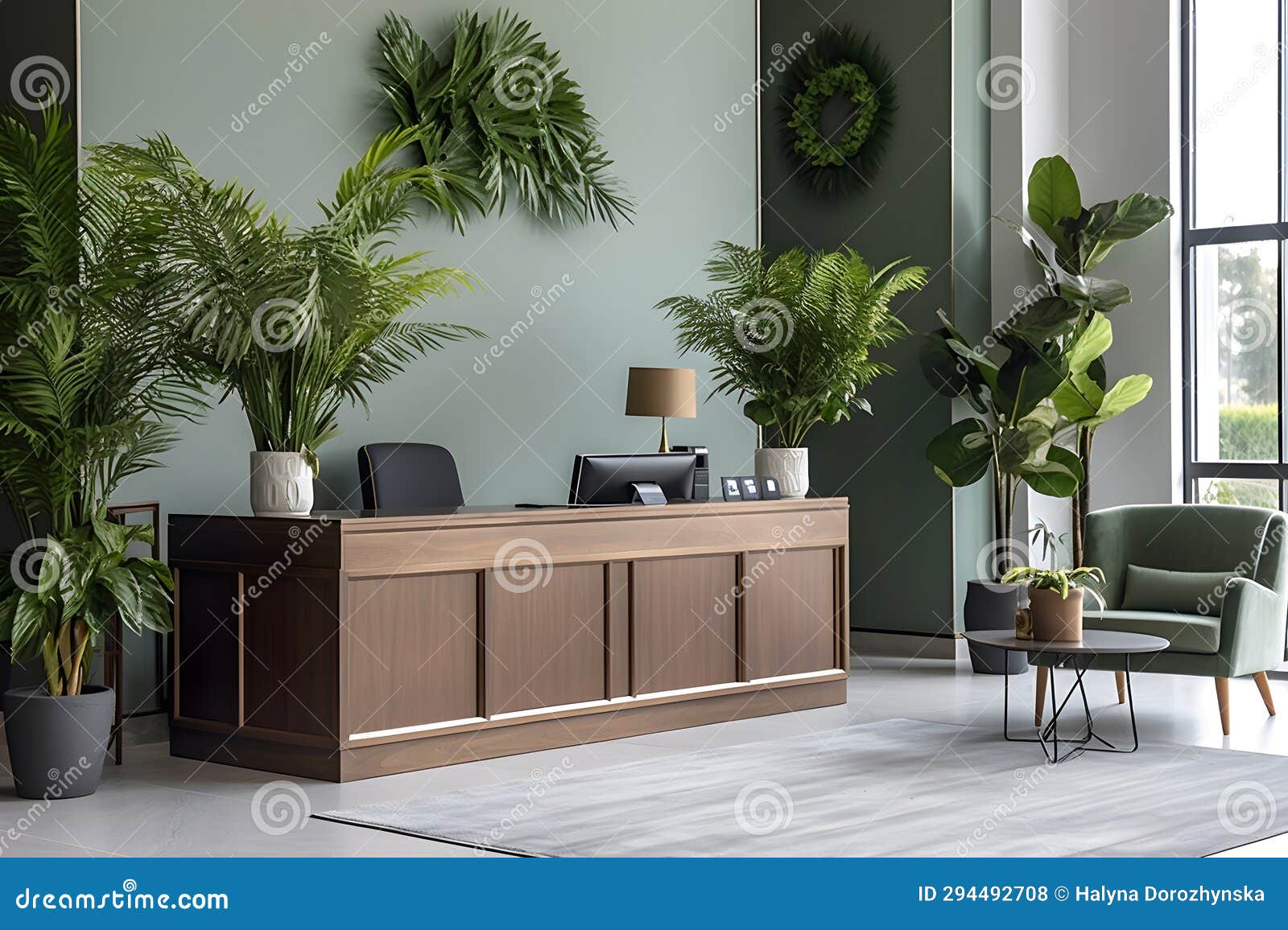 Lobby Interior with Stylish Wooden Receptionist Desk Stock Illustration ...