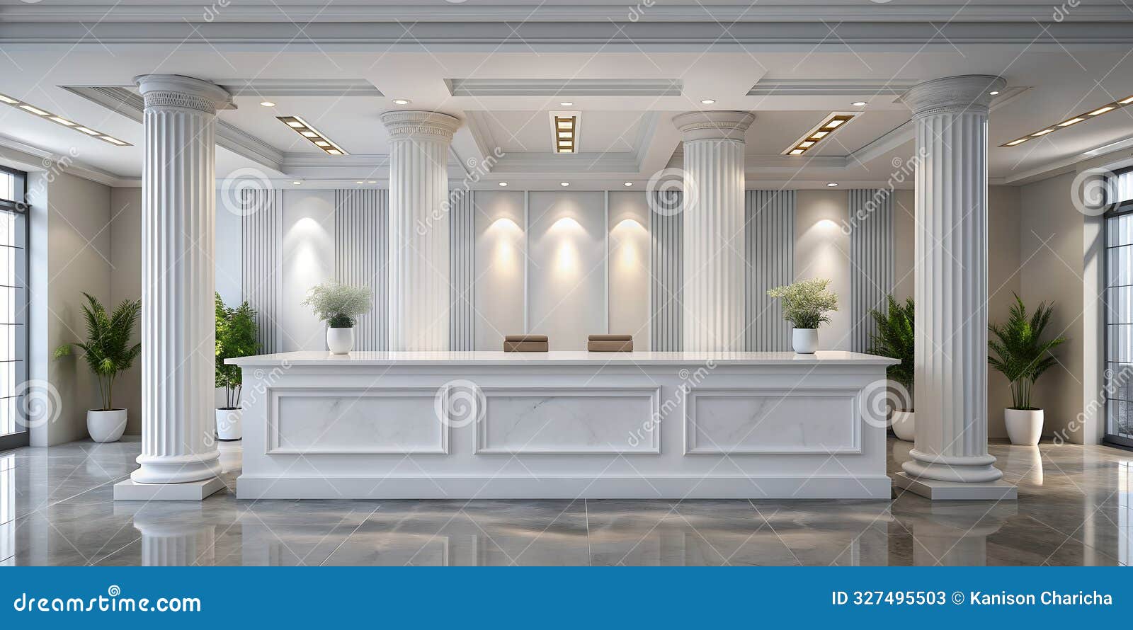 A Lobby with a White Reception Desk and Columns Optimized Unique AI ...