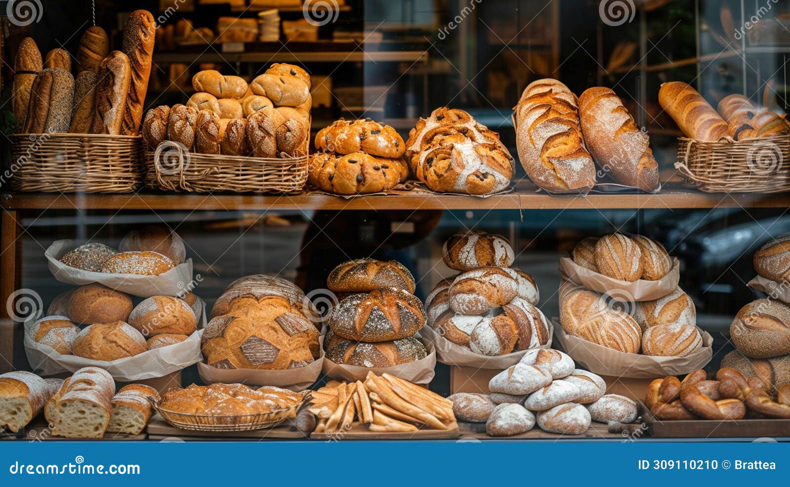 Bakery Shop Window and Display. Various Types of Bread Stock ...