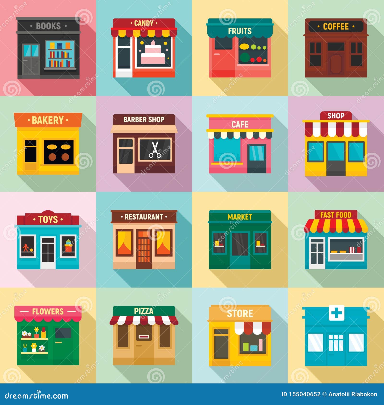 Local Business Icons Set, Flat Style Stock Vector - Illustration of ...