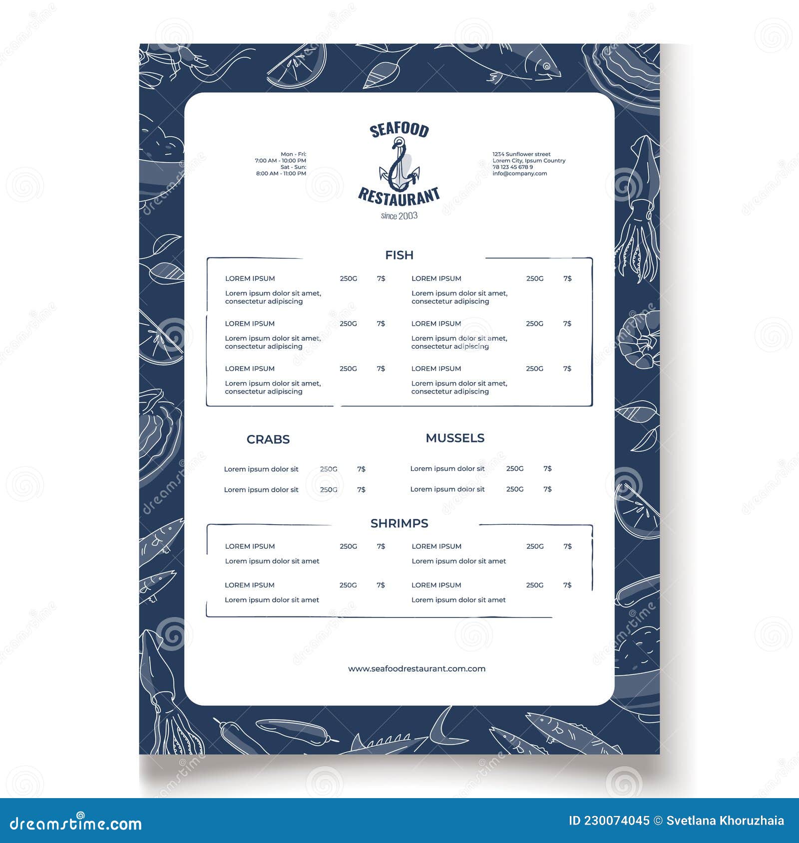 Local Fish and Seafood Restaurant Menu Template Stock Vector ...