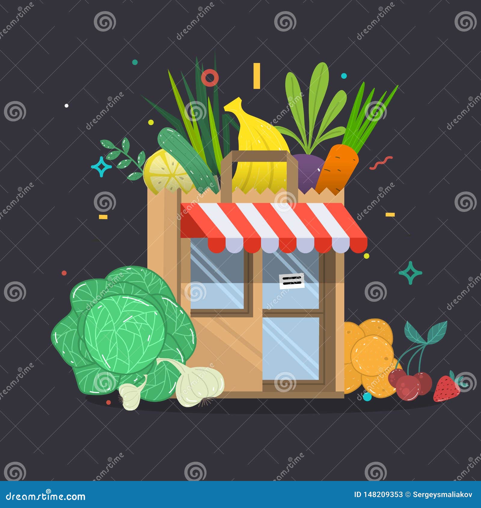 Local Fruit and Vegetables Store Building. Groceries Crates in Front of ...