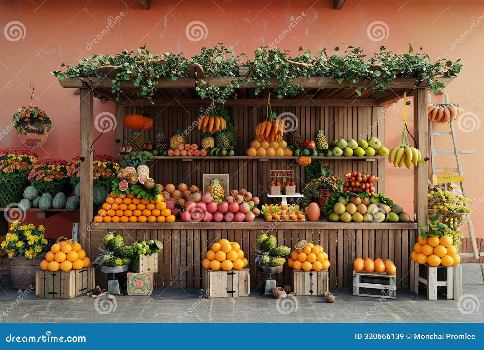 Local Produce Stand Flat Design Front View Bohemian Theme 3D Render ...