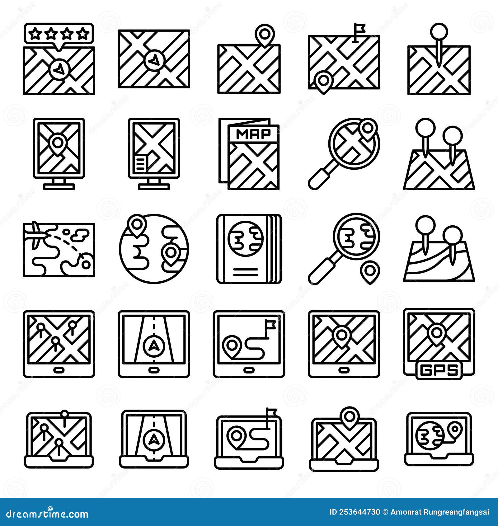 Location Map and Navigation Line Icon Set Stock Vector - Illustration ...