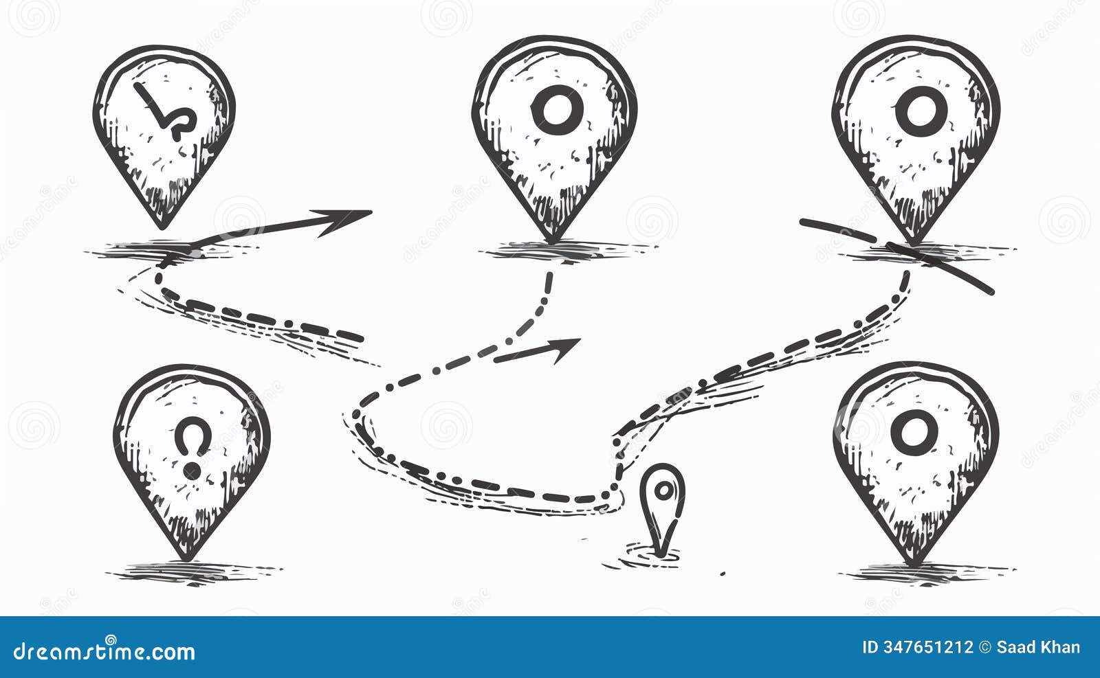 Location Markers and Dashed Line Route Set for Navigation Illustration ...