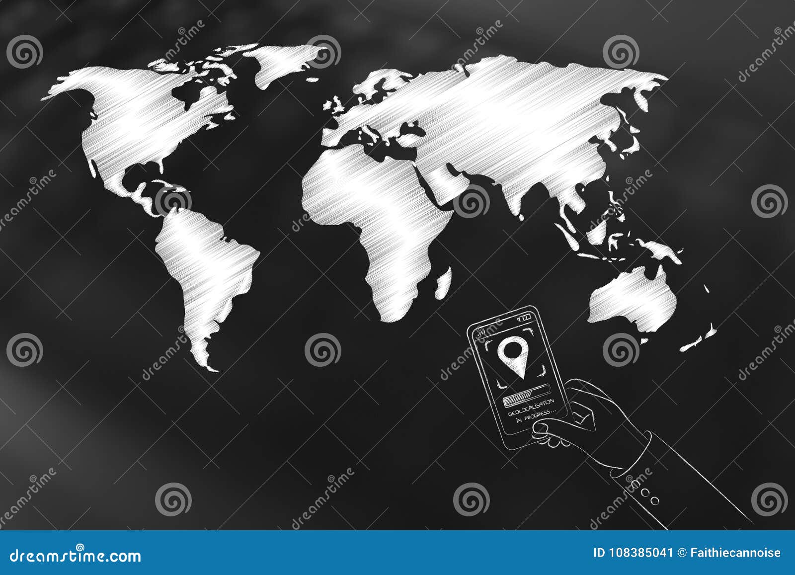 World Map User with Smartphone and Location Symbol on Screen Stock ...