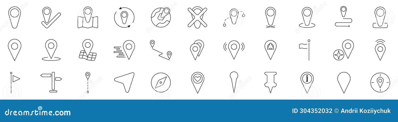 Location Vector Icon Set. Linear Set of Geolocation Symbols. Pin ...