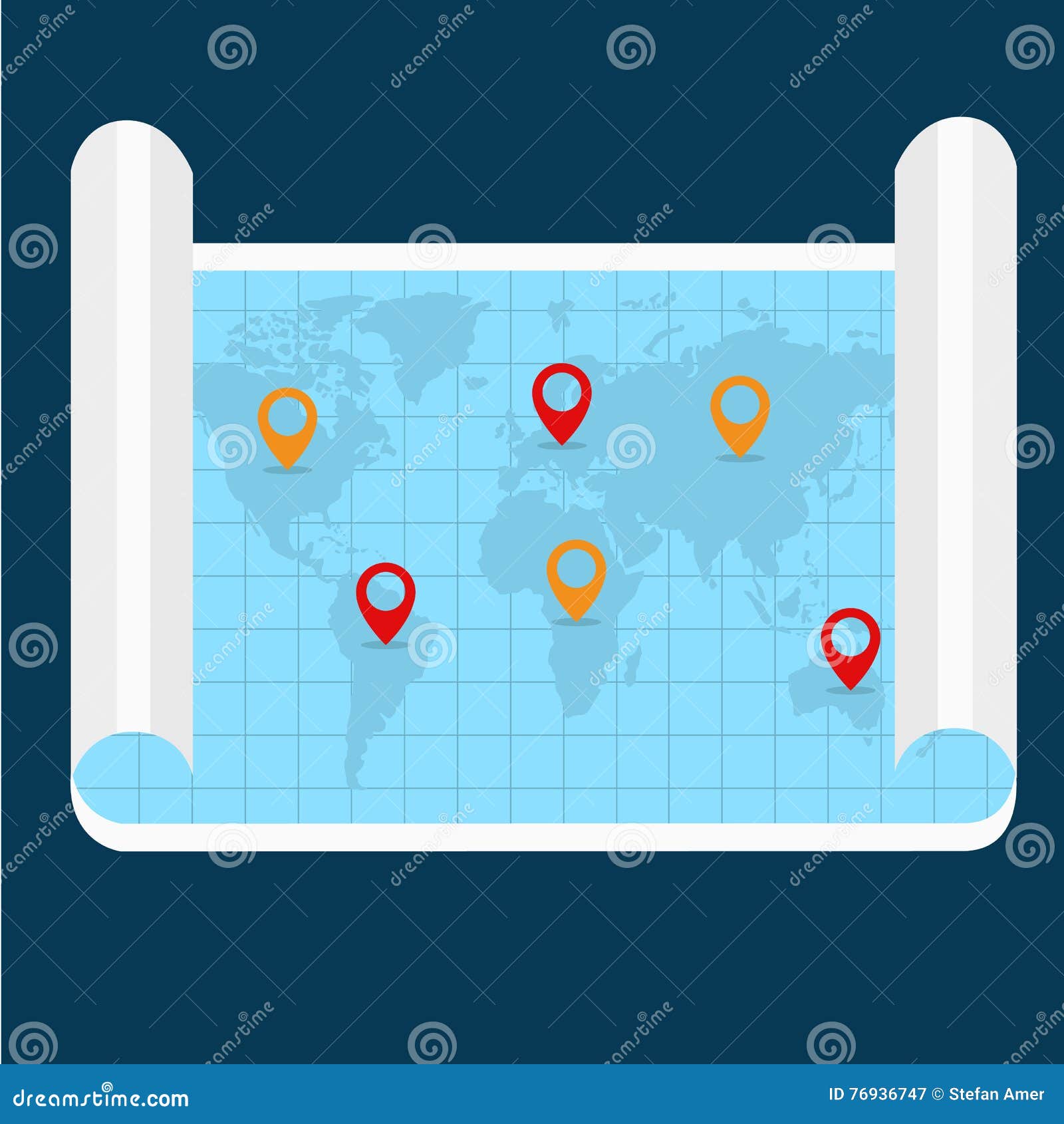 Map With Pin Markers Vector Illustration. Cartography Location Pointers ...