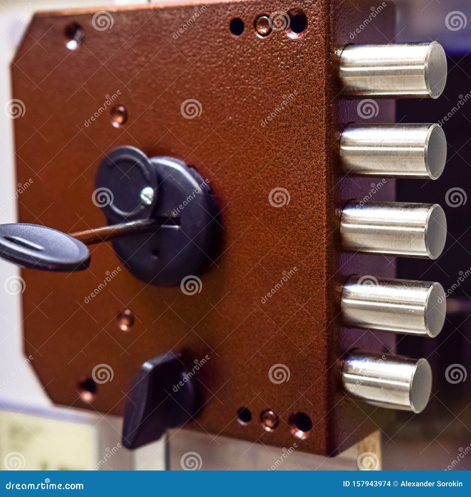 Lock Brown with Extended Bolts and with the Key Stock Photo - Image of ...